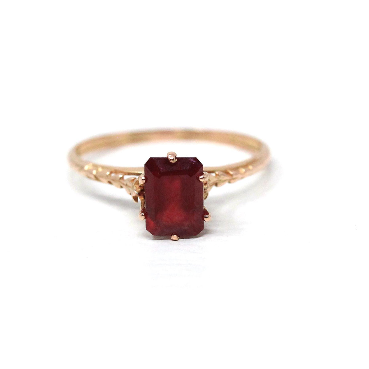 Created Ruby Ring - Art Deco 10k Rose Gold Emerald Cut Red Stone - Vin – MJV