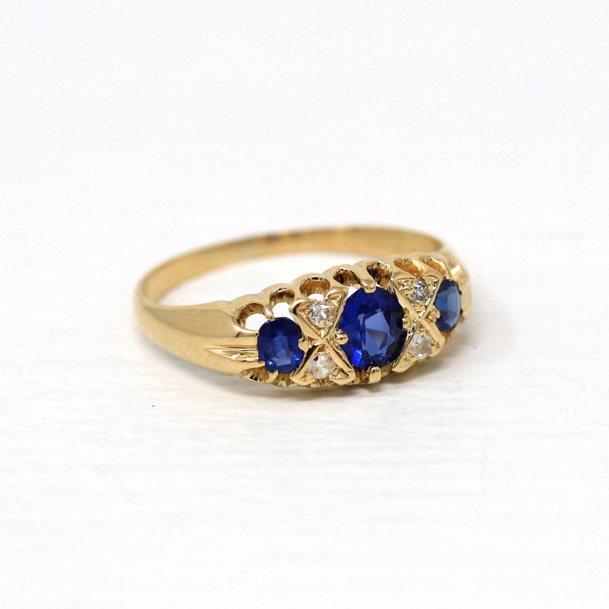 Antique Gem Band - Victorian 18k Yellow Gold Created Sapphire & Diamon ...