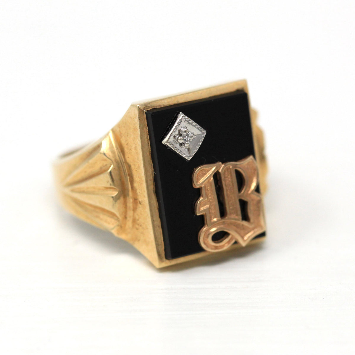 Letter "B" Ring - Retro 10k Yellow Gold Diamond & Onyx Old English Ini ...