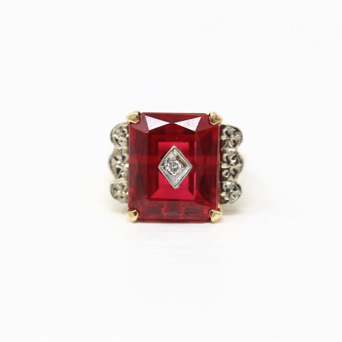 Vintage Created Ruby Ring - Retro 10k Yellow Gold Genuine Diamond July ...