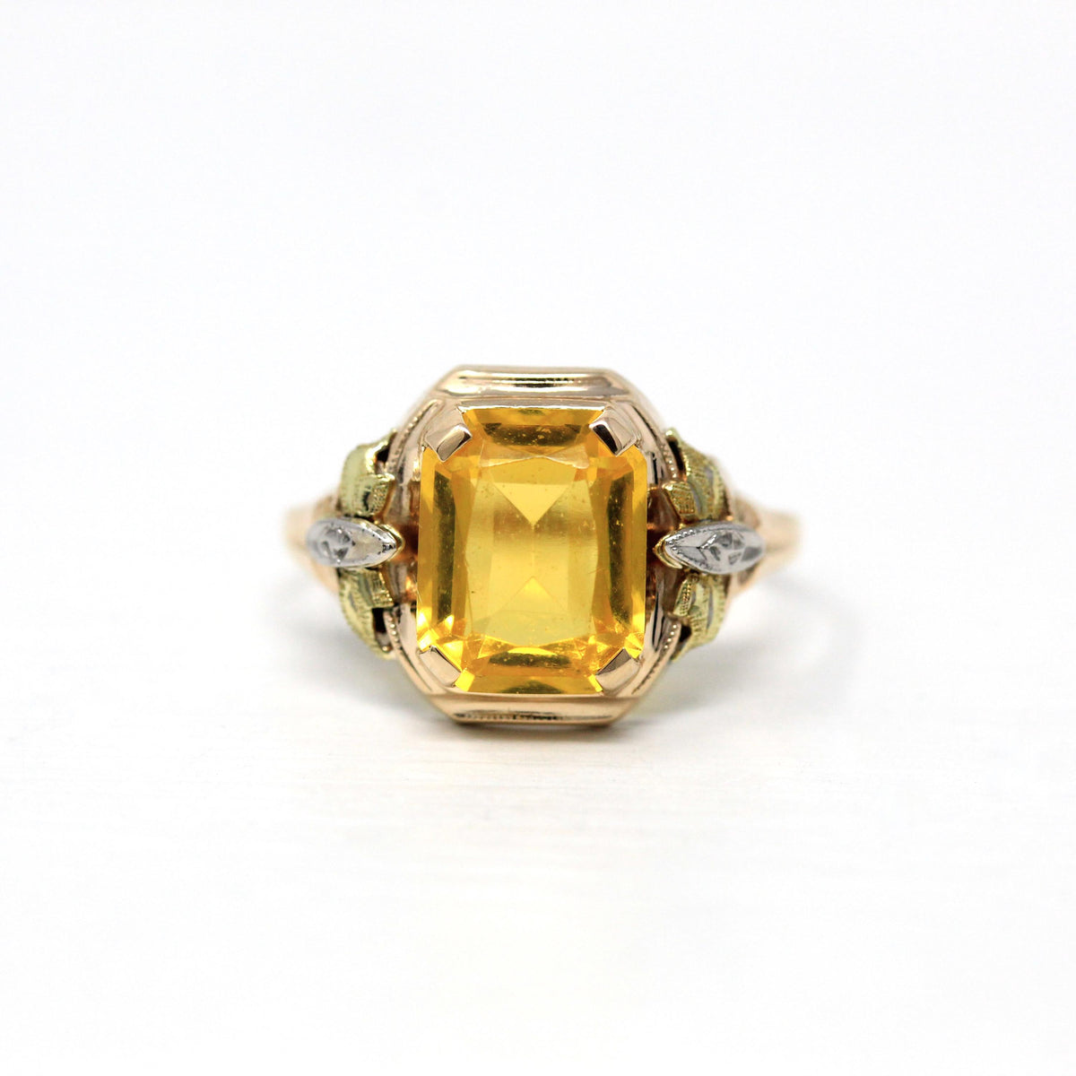 Vintage Glass Ring - Retro 10k Yellow Gold Yellow Emerald Cut Faceted – MJV