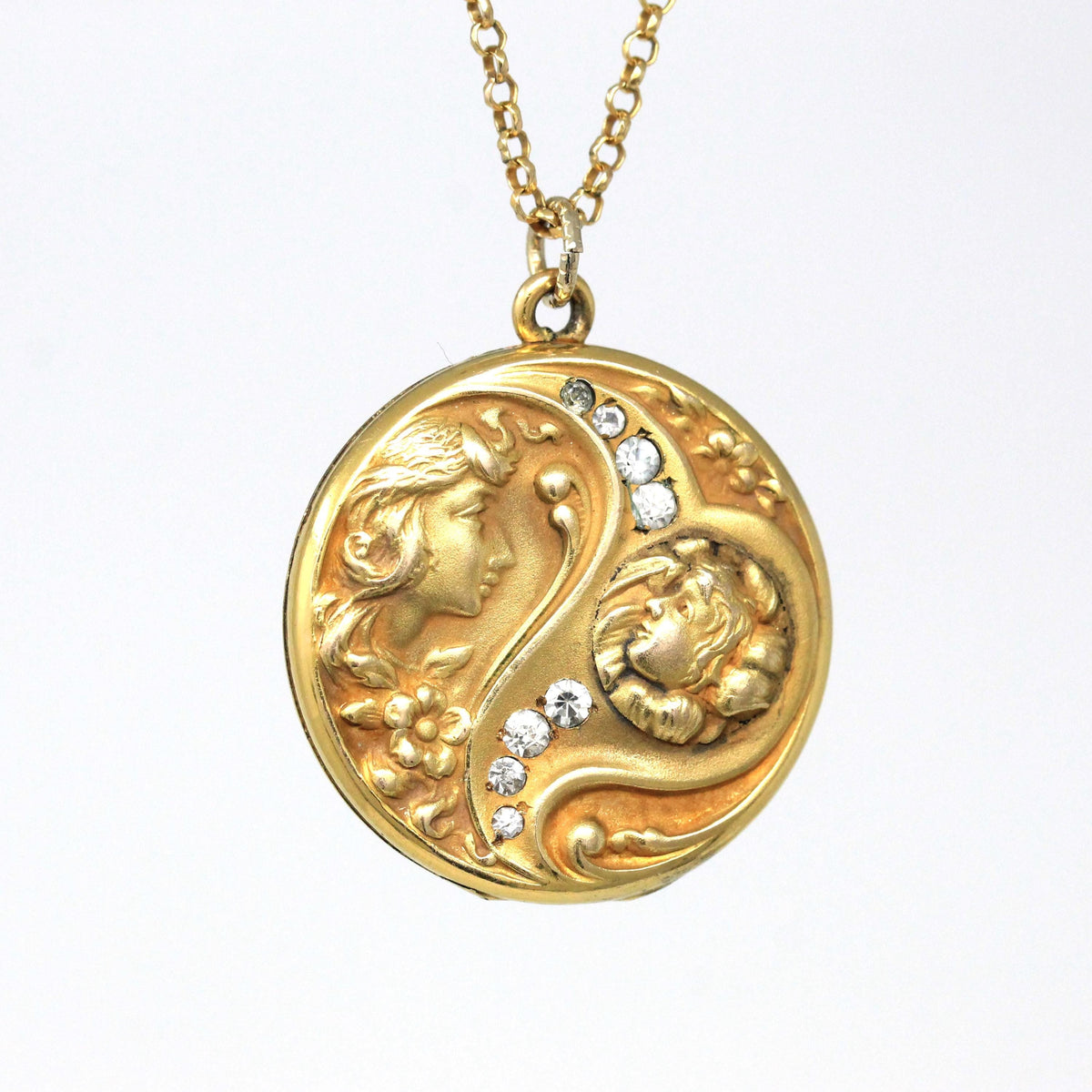 Art Nouveau Locket - Antique Gold Filled Woman Floral Rhinestone Penda ...
