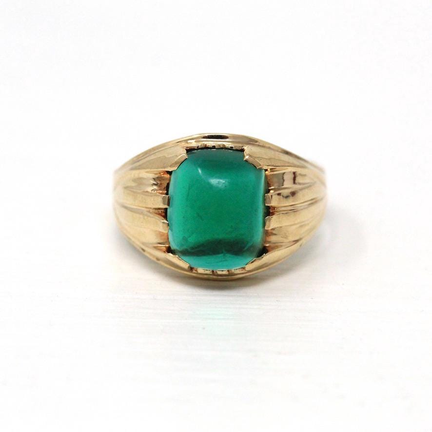 Simulated Emerald Ring - Retro 10k Yellow Gold Green Glass Cabochon Ge ...