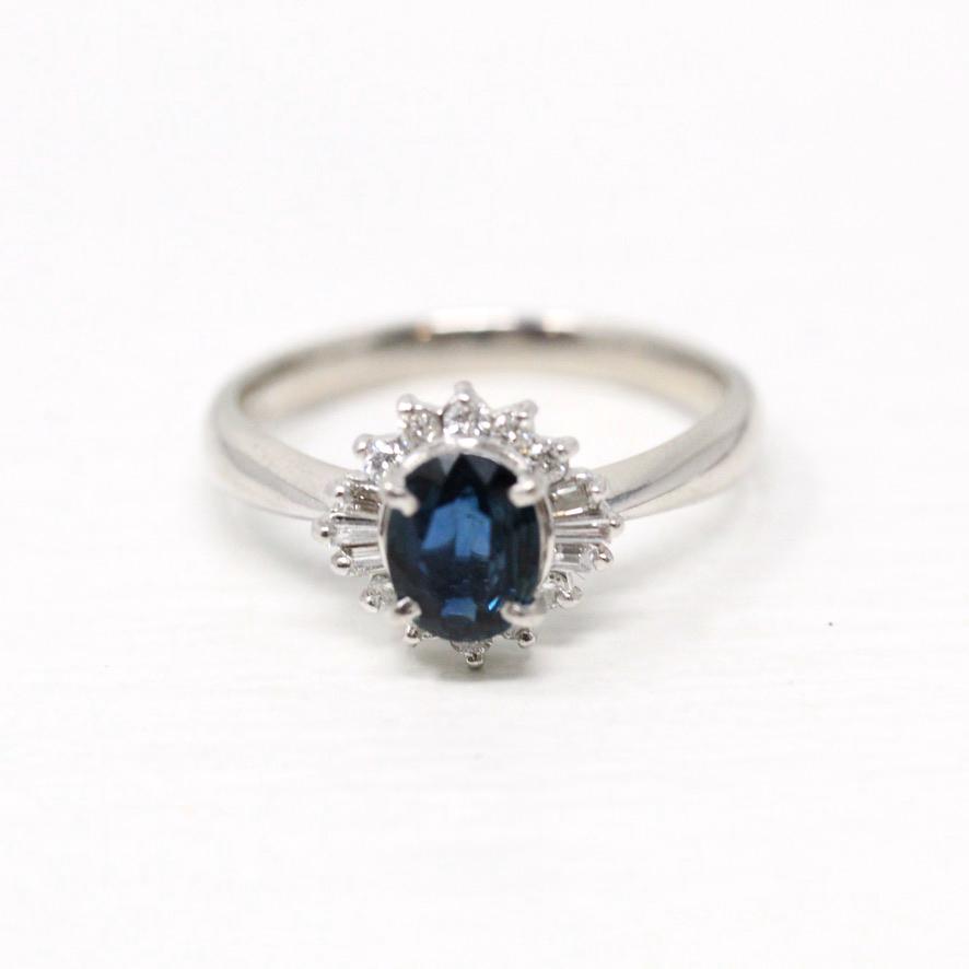 Sapphire & Diamond Ring - Estate Platinum Genuine Blue Oval Round Bagu ...