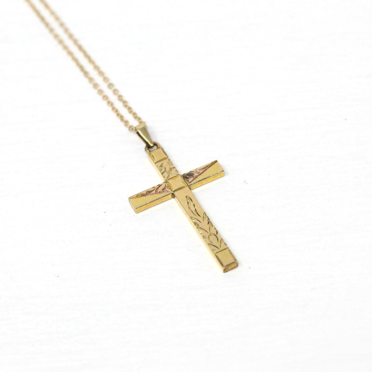 Vintage Cross Necklace - Retro 12k Gold Filled Engraved Leaf Nature De ...