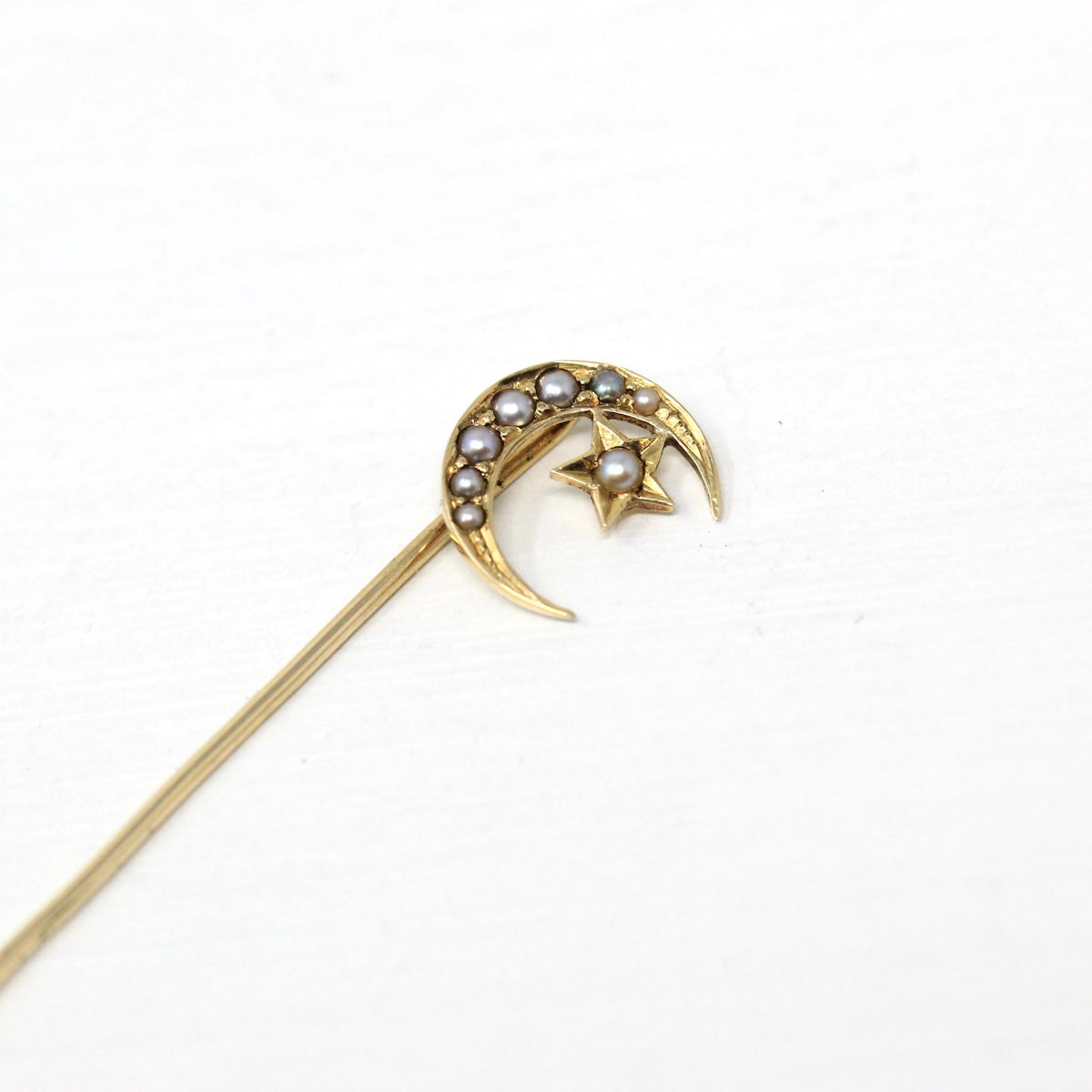 Star & Moon Stick Pin - Edwardian 14k Yellow Gold Crescent Celestial S ...
