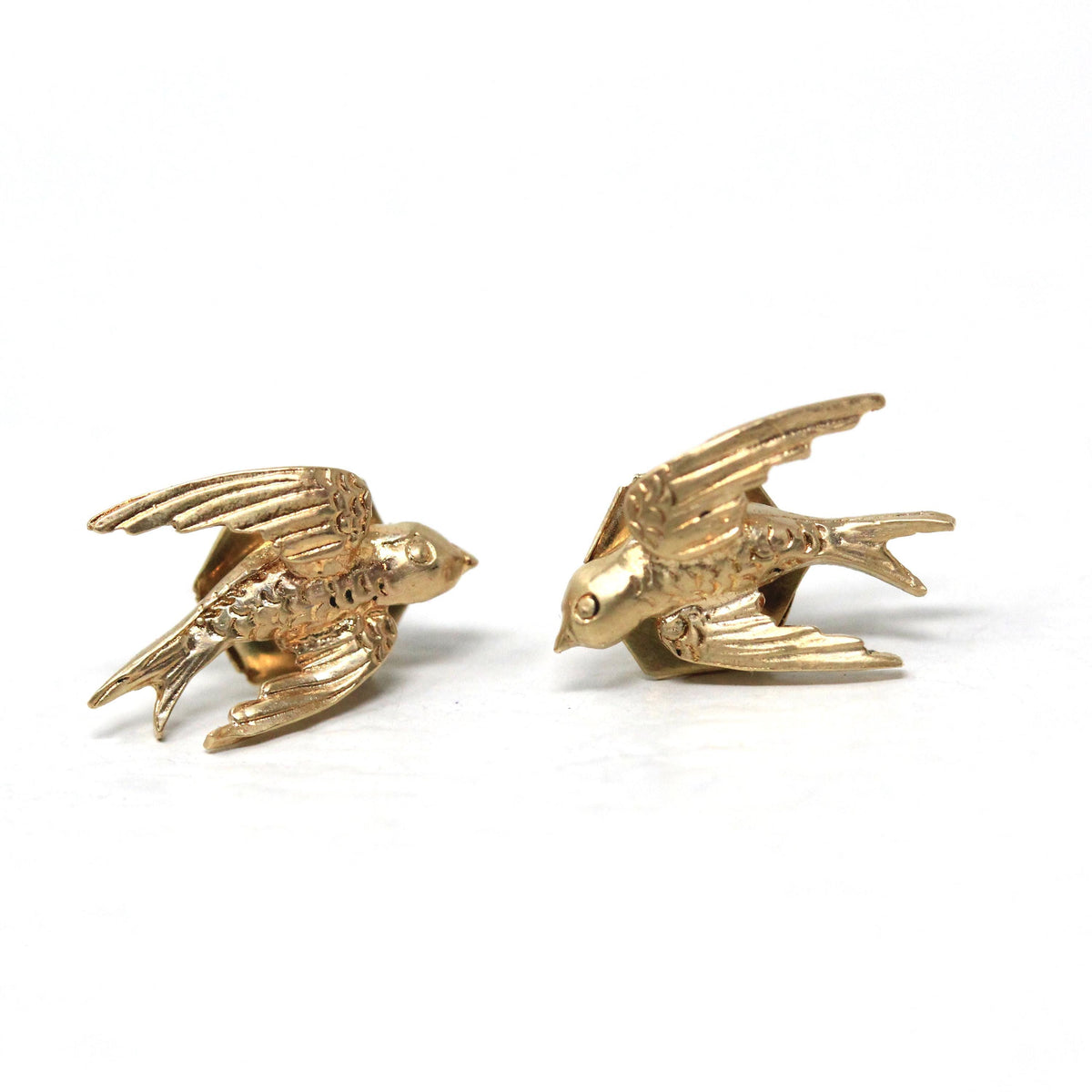 Antique Bird Earrings - Edwardian 9k Yellow Gold Swallows Pierced Push ...