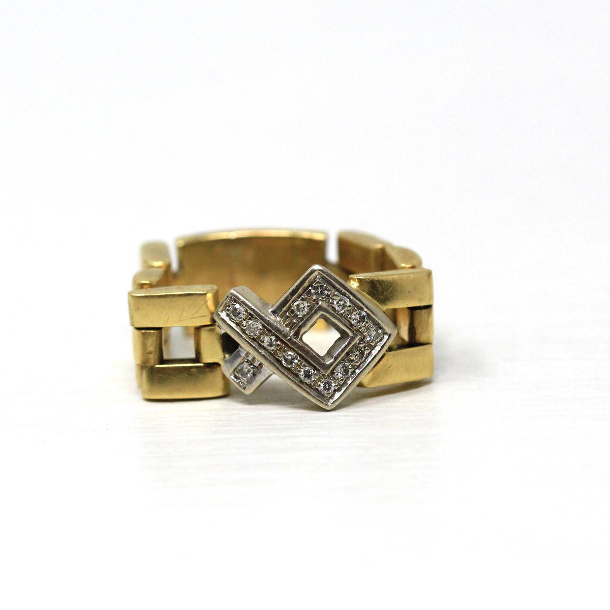 Vintage Watch Link Ring - Modern Estate 18k Yellow White Gold Open Bri ...