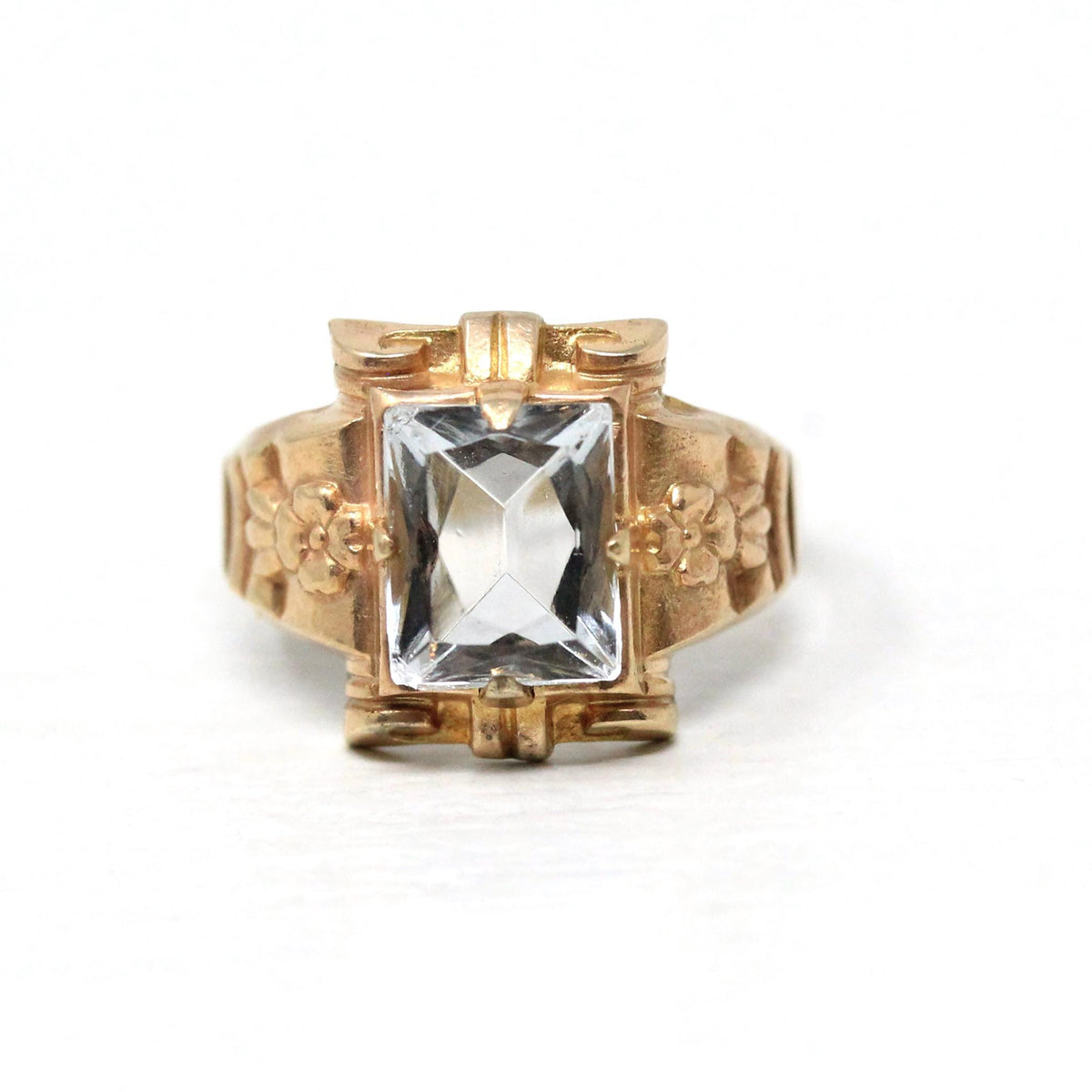 Ostby & Barton Ring - Retro 10k Yellow Gold Pale Blue Faceted Glass St ...