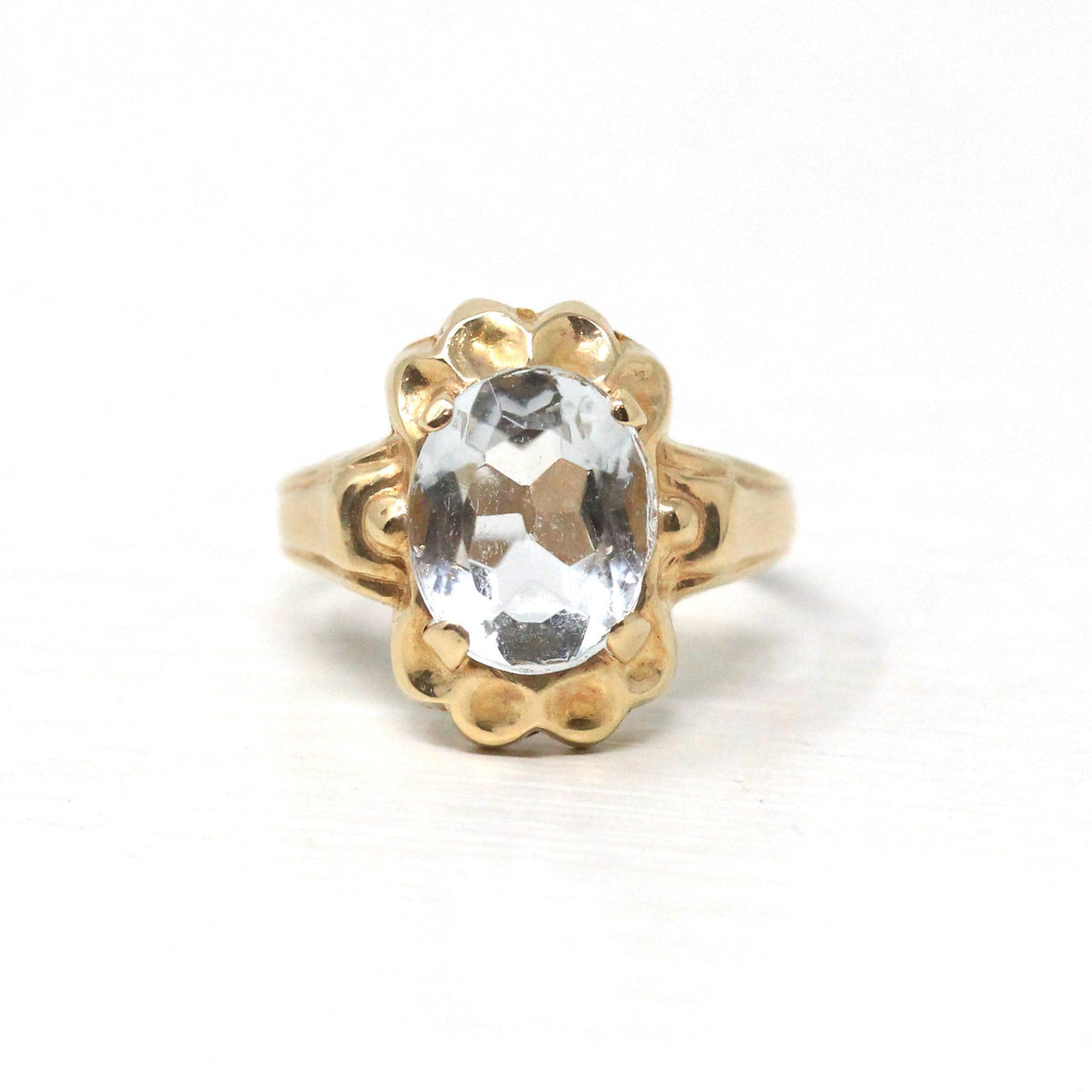 Ostby & Barton Ring - Retro 10k Yellow Gold Simulated Aquamarine Glass ...