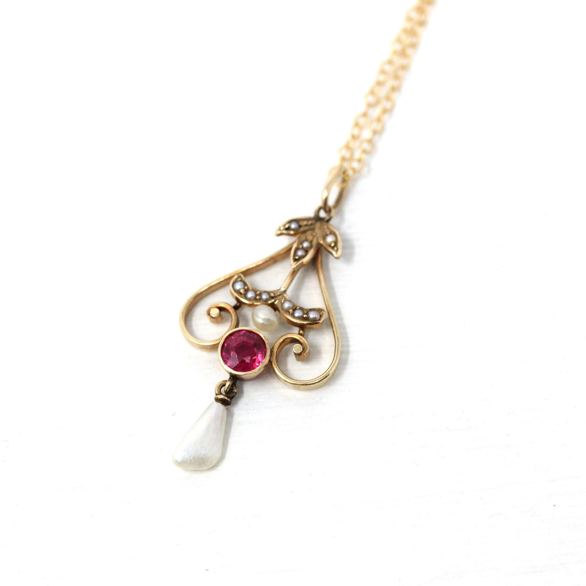 Antique Lavalier Necklace - Edwardian 10k Yellow Gold Created Red Ruby ...