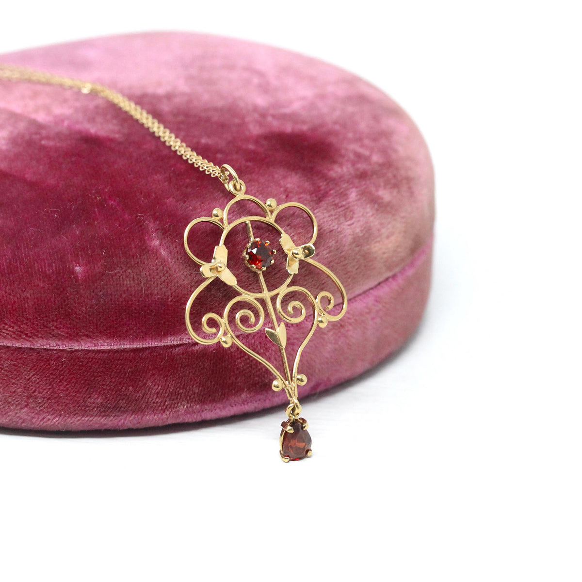 Antique Lavalier Necklace - Edwardian Era 9k Yellow Gold Natural Garne ...