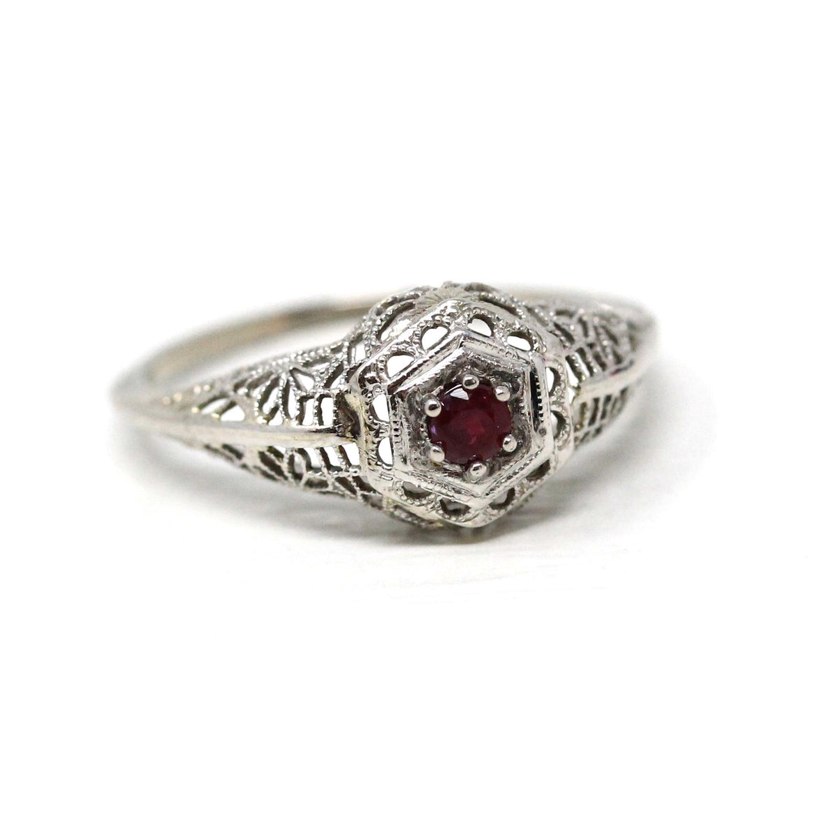 Ruby Filigree Ring - Art Deco Era 14k White Gold Round Faceted Red Cor ...