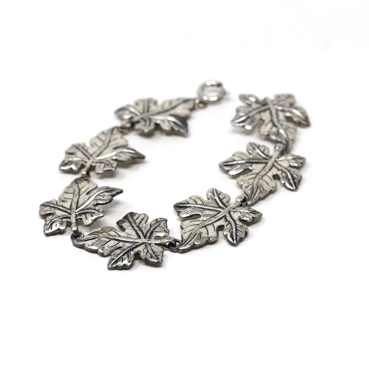 Vintage Leaf Bracelet - Mid Century Sterling Silver Botanical Link Sta ...